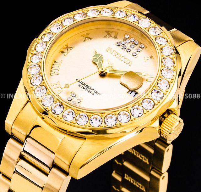 Invicta 15252 Womens Pro Diver Gold Dial Crystal Accented Watch for ...