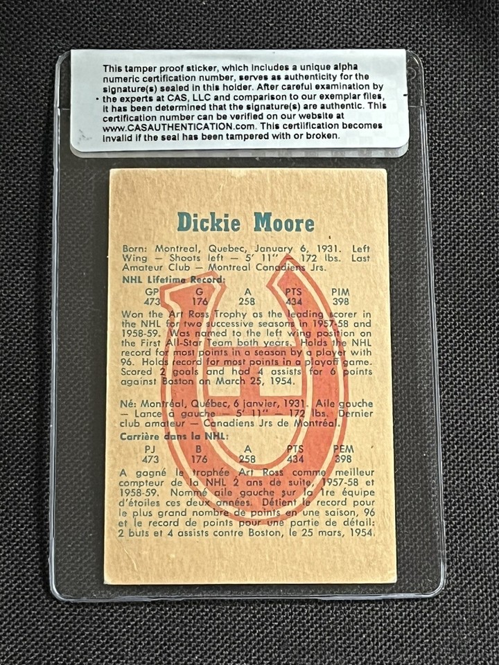 HOF DICKIE MOORE 1960-61 PARKHURST SIGNED AUTOGRAPHED CARD #38 CAS ...