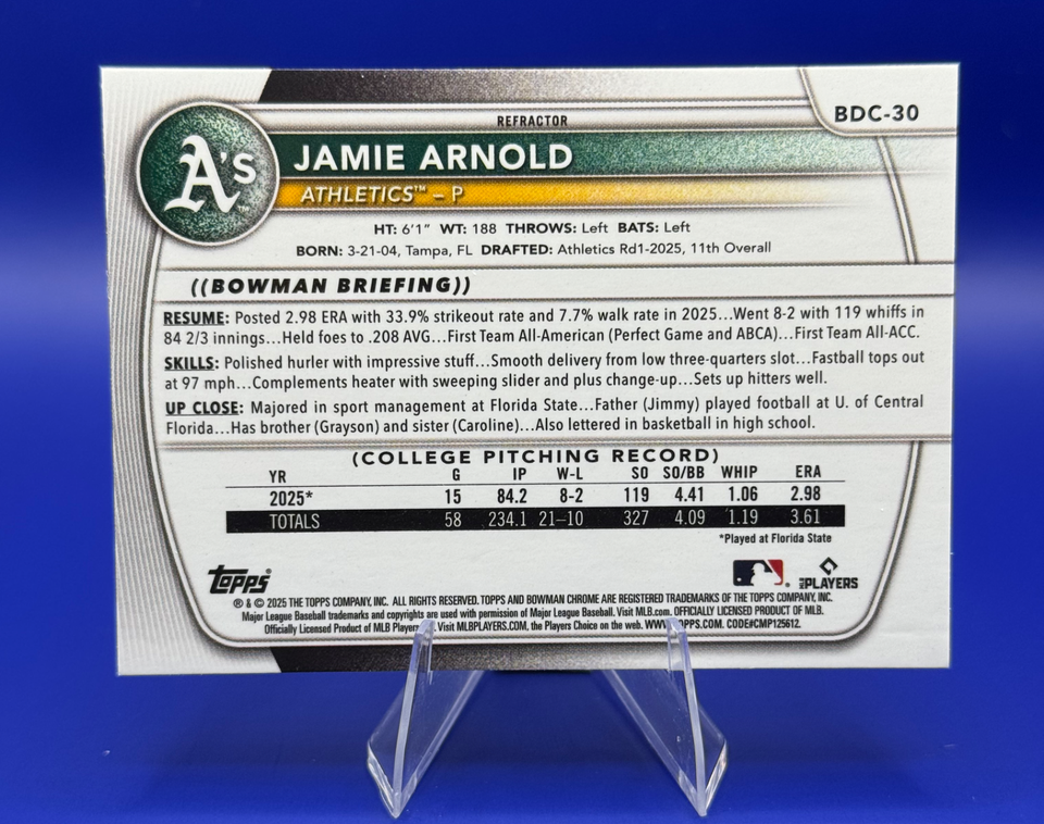 2025 Bowman Draft JAMIE ARNOLD 1st Bowman Chrome Refractor #BDC-30 ...