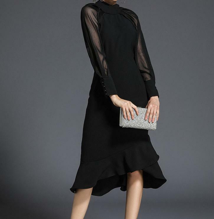 Women Slim Fit Long Sleeve Evening Fashion Formal Stand Collar Fishtail ...