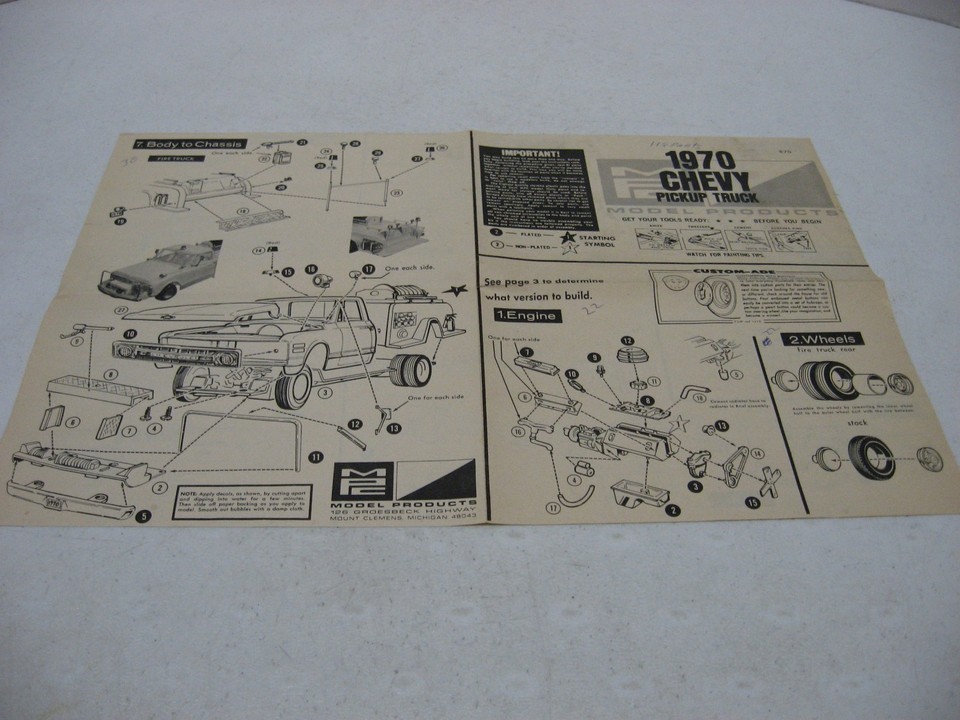 Instruction Sheet Only - MPC 1970 Chevy Fleetside Pickup Model Kit #870 ...