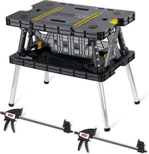 Keter Folding Work Table, Portable Workbench w/ 12" Clamps for Garage ...