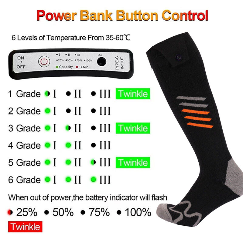 5000mAh Electric Heated Socks Rechargeable Battery Foot Winter Warm ...
