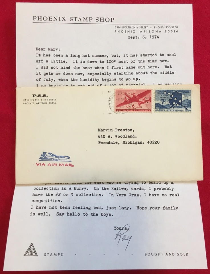 Phoenix, AZ Stamp Shop Cover w/orig letter, dated Sept. 6, 1974, U.S. # ...