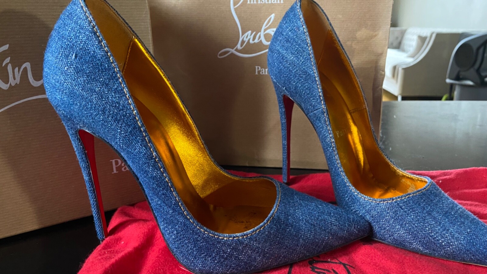 👠Christian Louboutin tan Kate 120 Denim señaló bomba… - Gem