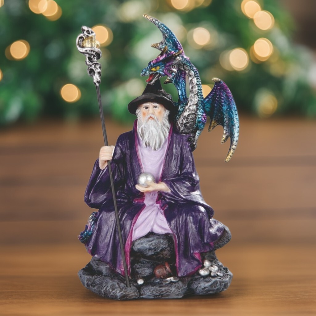 6.25"H Wizard Sitting with Dragon on Shoulder Figurine Home Decor ...