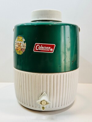 Vintage Coleman 2 Gallon Green White Water Cooler Jug Dispenser Lid Cup ...