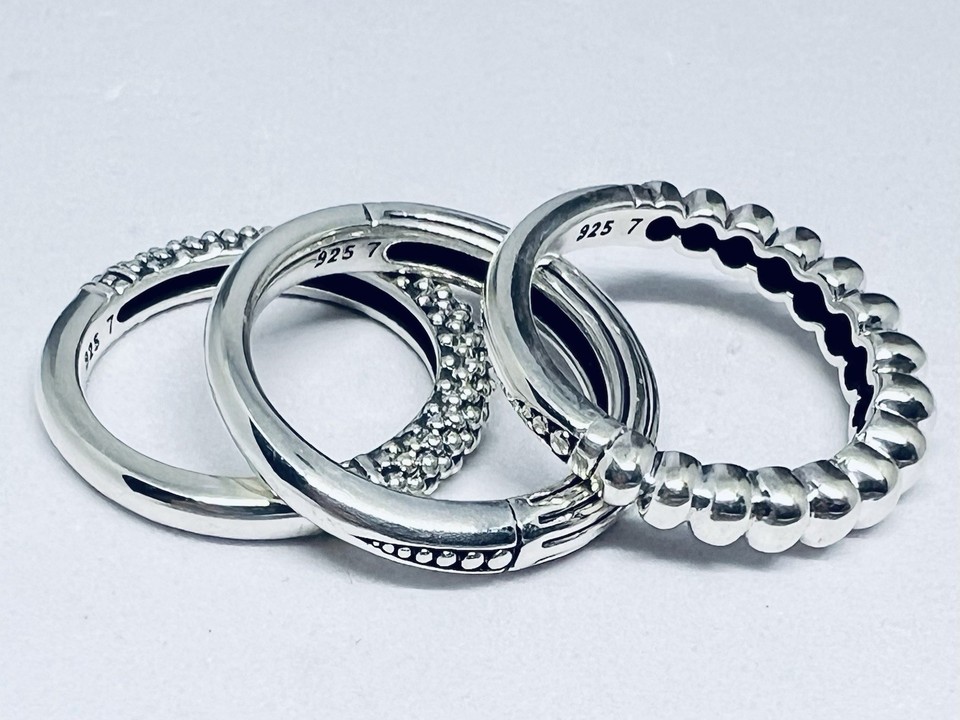 LAGOS 925 Sterling Silver Signature Caviar Fluted Stack Band Ring Size ...