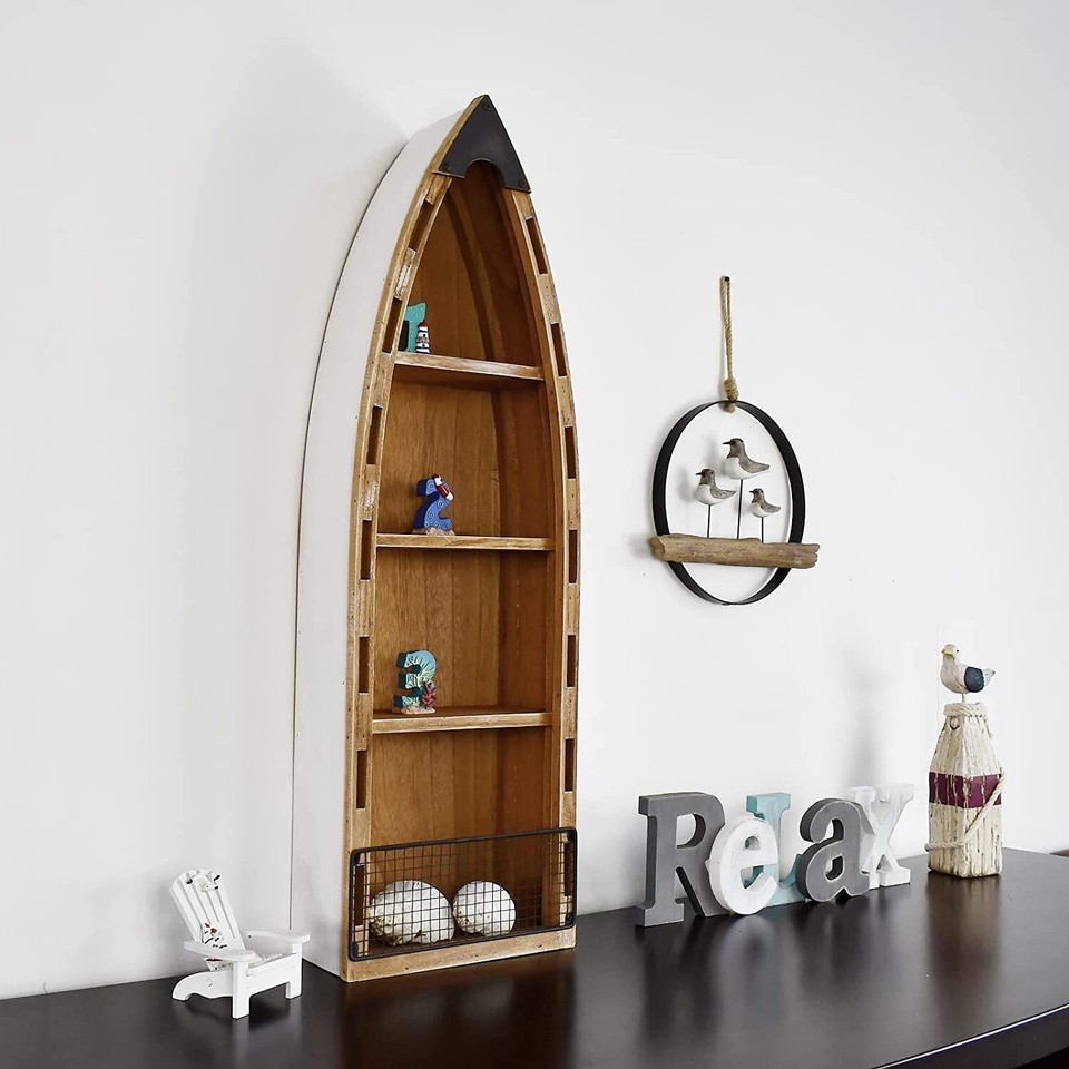 Wooden Boat Decor with 4 Shelf Hanging Wood Boat Decoration for Wall ...