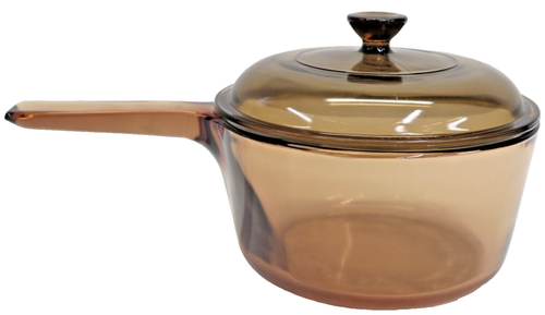 Corning Pyrex Visions Cook Ware Amber Brown Glass 1.5 Liter Sauce Pan w ...