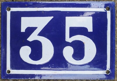 Old vintage blue French house number 35 door gate plate steel enamel ...