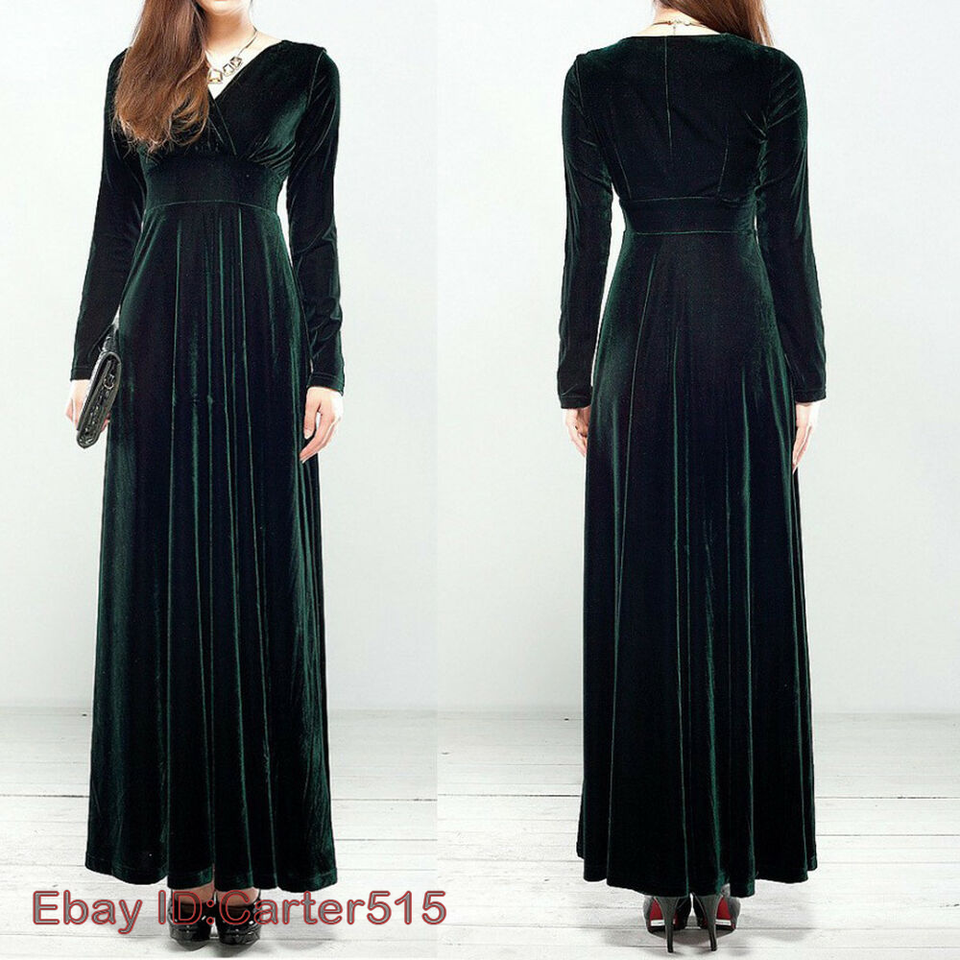 Women Velvet V Neck Swing Dress Long Sleeve Cocktail Party Maxi Dress ...