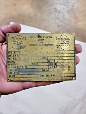 USAID Vintage Serial & Stock Number Brass Data Plate for Willys M38A1 ...