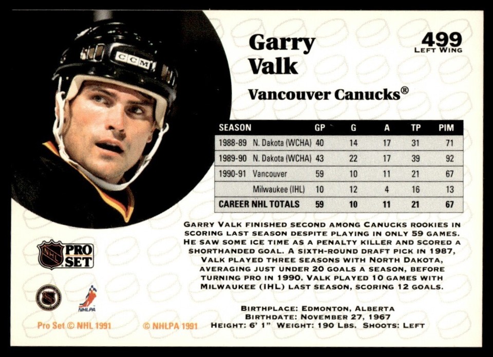 1991-92 Pro Set #499 Garry Valk Vancouver Canucks | eBay