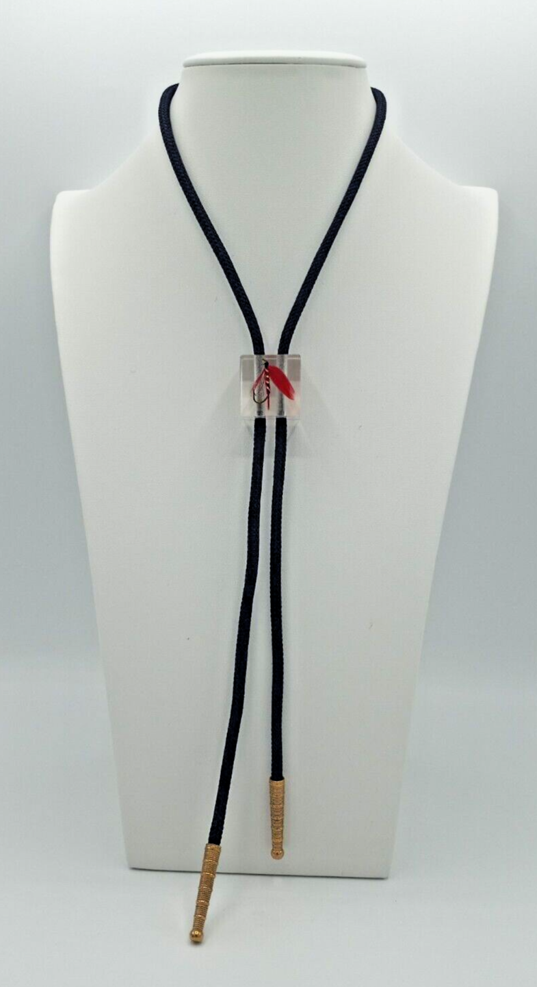 Vintage Bolo Tie Red Fly Fishing Lure Hook w/Brass Metal Tips 32" Navy ...