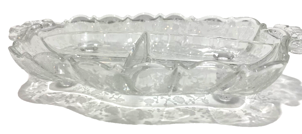 Cambridge Rose Point Roses divided bowl serving dish clear Glass Co. | eBay