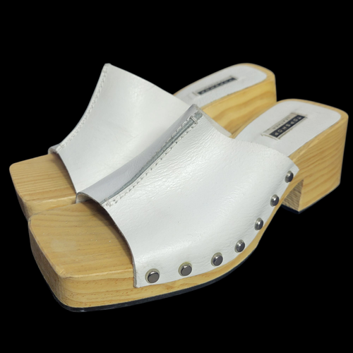 Topshop White Clogs 8.5 Chunky Platform Leather Wood Heel Studded ...