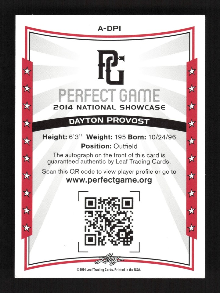 2014 Leaf Perfect Game Showcase Autograph Gold 16/50 Dayton Provost ...