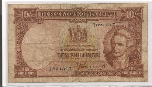 NEW ZEALAND 10 Shillings Note Capt. James Cook Catalog 158a 1940-55 ...
