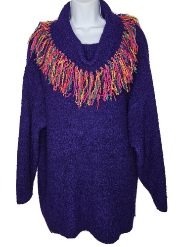 VJ WOMAN purple sweater colorful fringe collar cowl turtleneck warm fun ...