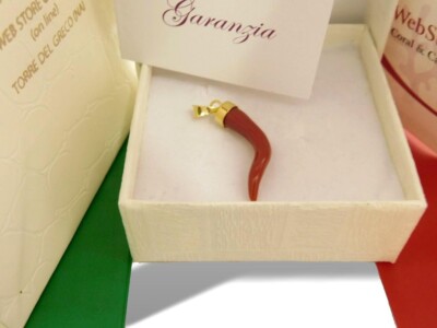Pendant in Italy BIG Cornicello of 18k Gold and red Coral Horn Gemstone ...