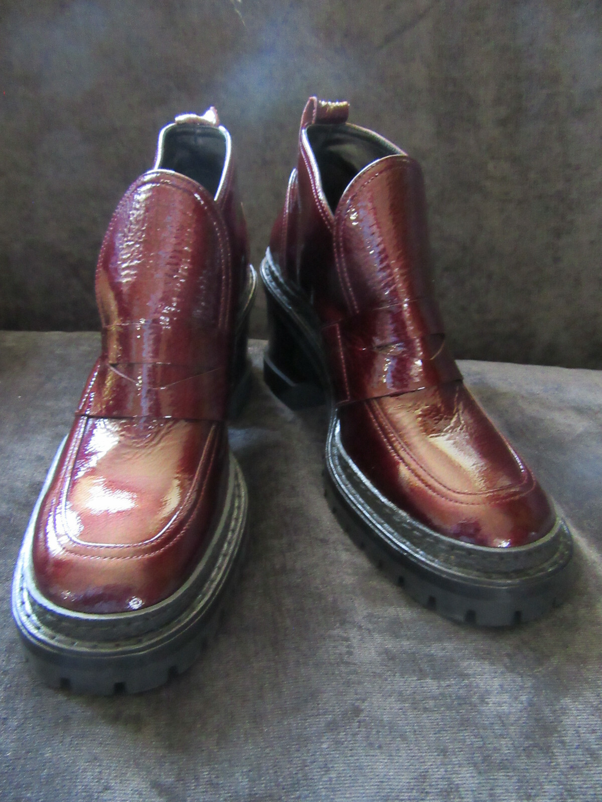 New AGL Burgundy Patent Leather Block Heel Loafer Booties Women's Sz 37 ...