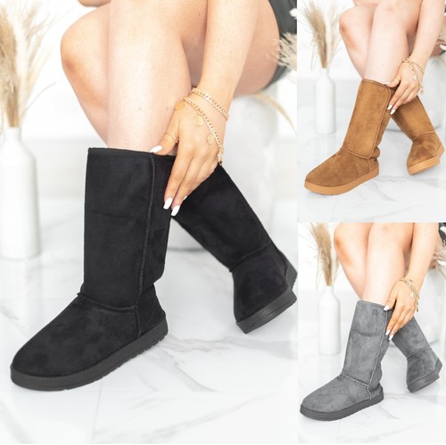 WOMENS MID CALF WARM LADIES WINTER FUR LINED SNUGG HUG GRIP SOLE BOOTS ...