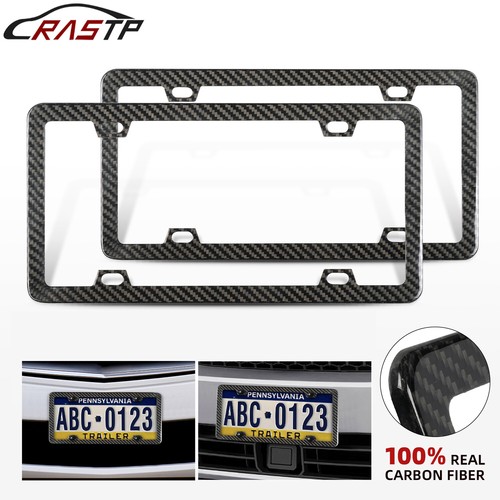 2PCS Real Carbon Fiber Finish 4 Holes Slim License Plate Frame w/UV ...
