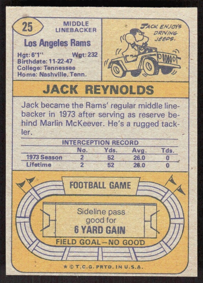 1974 7786A Topps Jack Reynolds Rookie Los Angeles Rams #25 | eBay