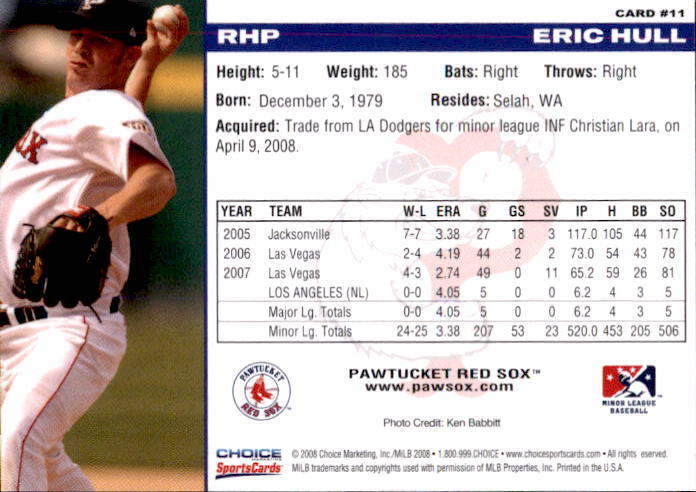 2008 Pawtucket Red Sox Choice #11 Eric Hull Selah Washington WA ...