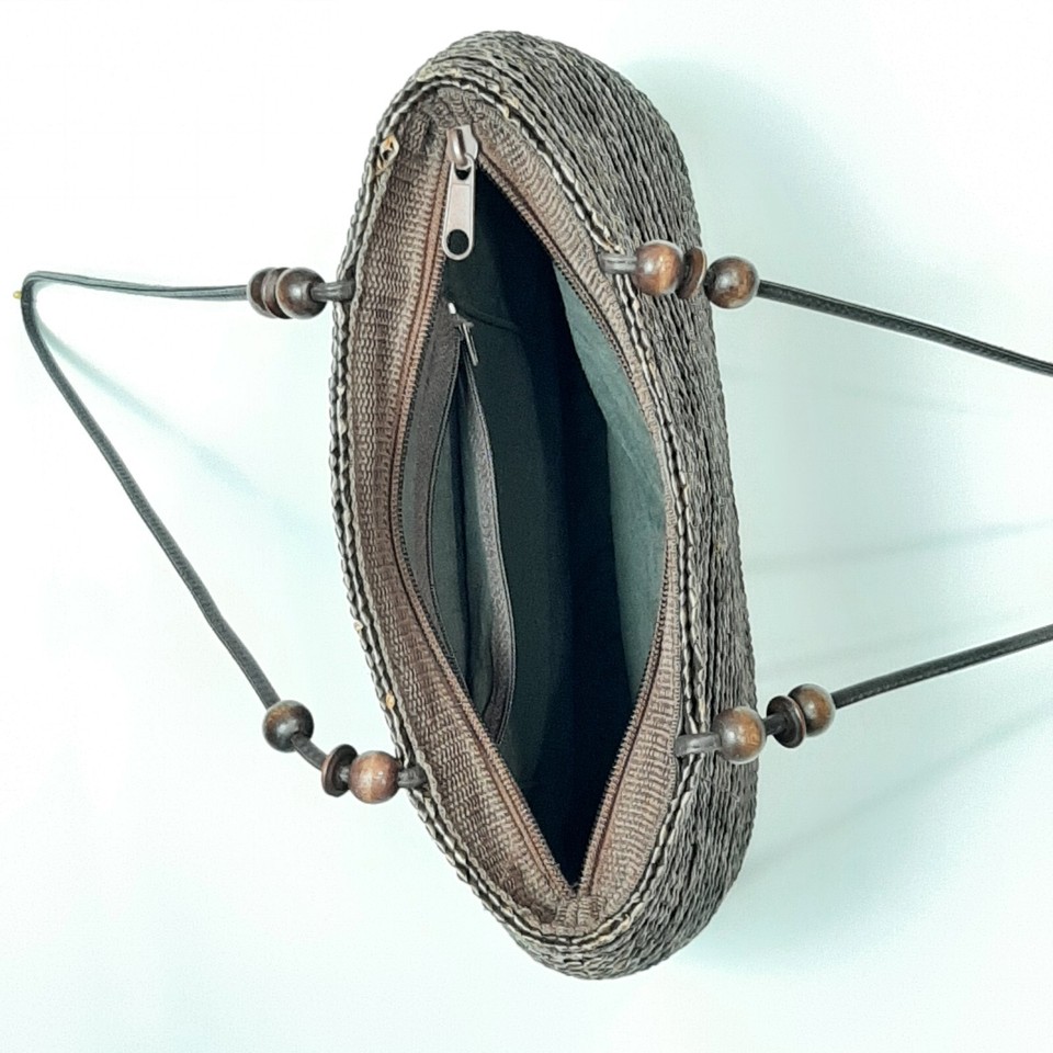 Wheat Straw Fiber Woven Hand Bag Double Handles Wood Bead Decoration ...