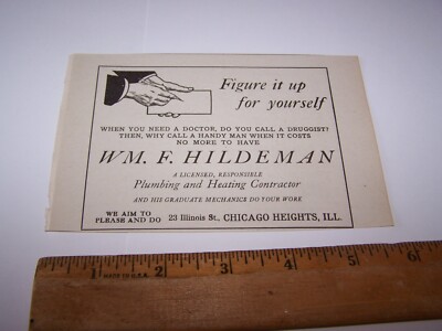 1918 WM. F. HILDEMAN PLUMBING & HEATING Paper Ad CHICAGO HEIGHTS ...