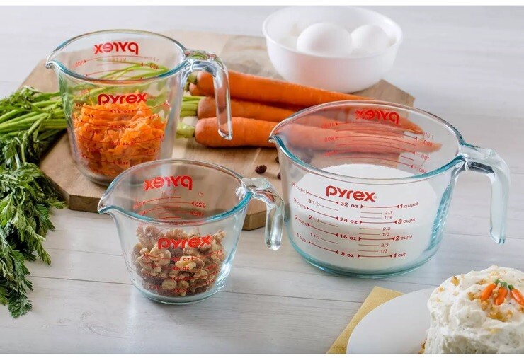 Pyrex 3 Piece Glass Measuring Cup Set, Wet/Dry, Measure In Ounce, Cups ...