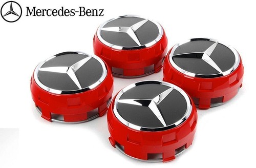 MERCEDES BENZ RAISED Red BLACK CENTER CAP W/ CHROME STAR OEM 4 SET ...