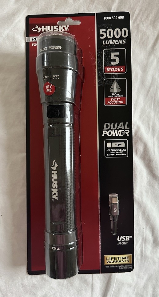 Husky 5000 Lumens Dual Power LED Focusing Flashlight Rechargeable ...