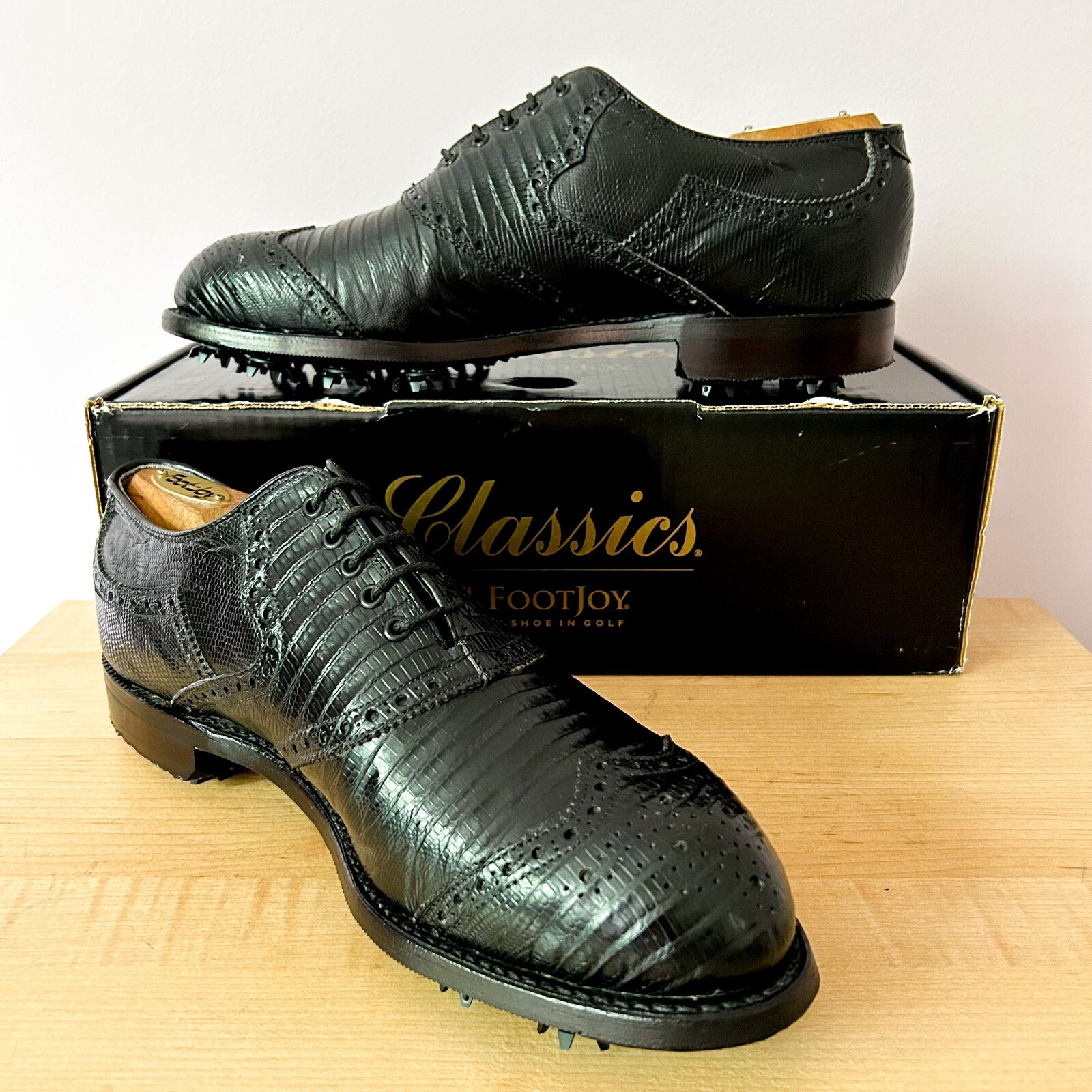 VINTAGE FootJoy Classics Black Tegu Lizard shieldtip golf shoes Mens ...