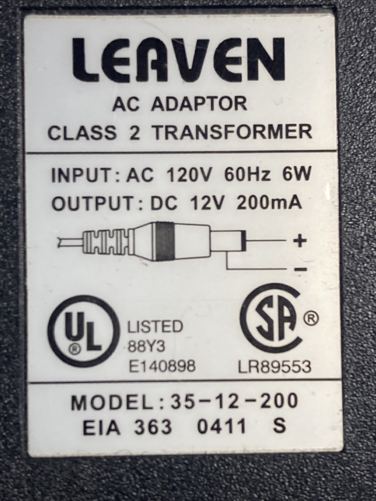 Leaven AC Adaptor Class 2 Transformer Model 35-12-200 | eBay