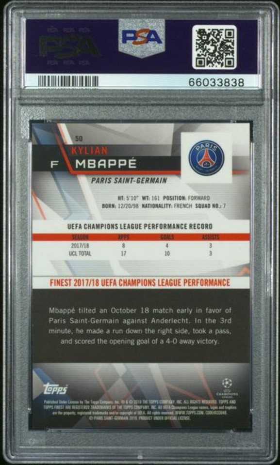 Graded 2018 Topps Finest UCL Kylian Mbappe #50 Green Refractor /99 Card ...