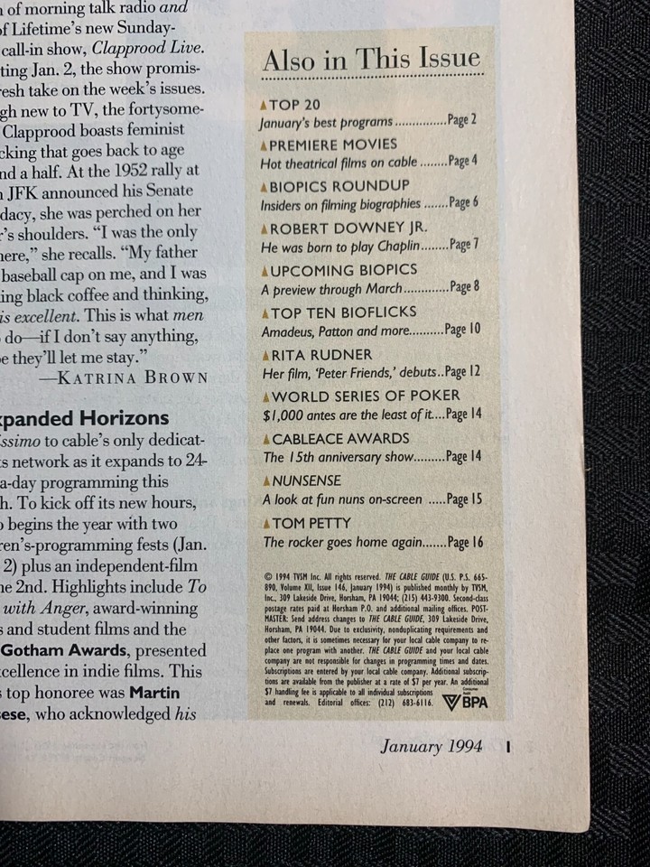 1994 Jan THE CABLE TV GUIDE Magazine FN 6.0 Robert Downy Jr is Chaplin ...