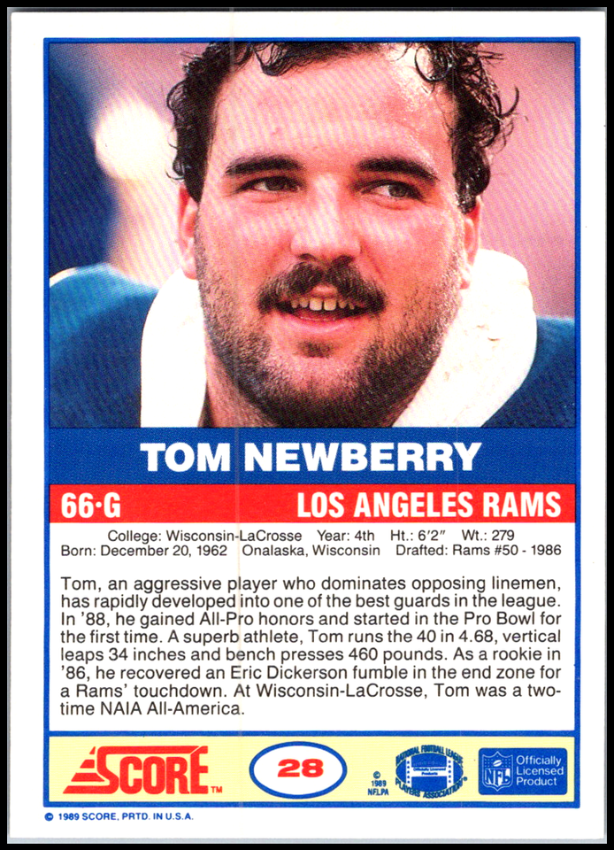 1989 Score ROOKIE RC #28 Tom Newberry FREE SHIPPING! | eBay