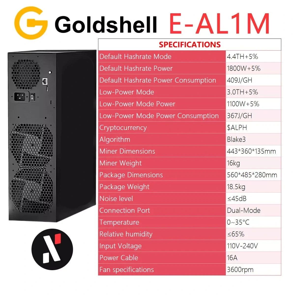 NEW Miner Goldshell E-AL1M 4.4TH 1800W ALPH Black 3 Algorithm with PSU ...