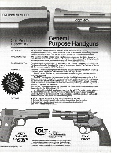 1984 COLT HANDGUNS PRINT AD - MK V TROOPER REVOLVER, GOVERNMENT SEMI ...