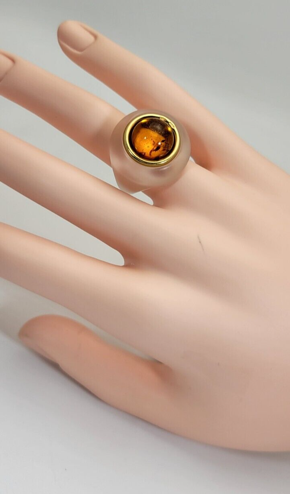 Chunky Clear Frosted Lucite 14K Bezel Set Amber Artisan Crafted Ring ...