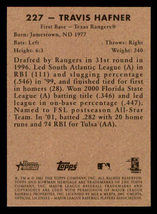 2001 Bowman Heritage Travis Hafner Rookie card #227 Texas Rangers | eBay