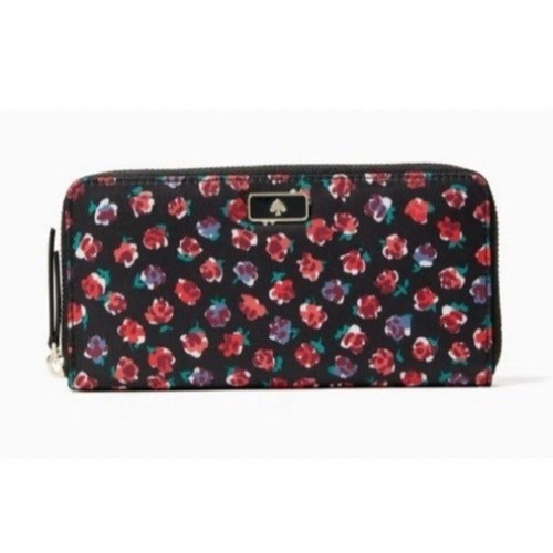 Kate Spade Dawn Roses Floral Red Purple Black Zip Around Wallet Black ...