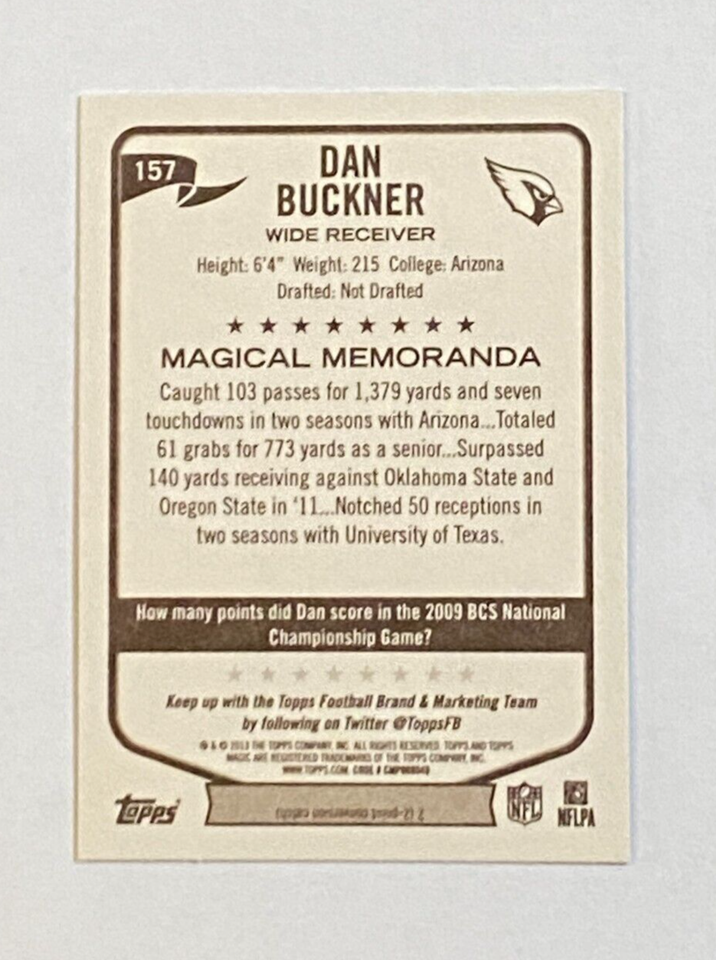 2013 Topps Magic Mini Black Border #157 Rookie Dan Buckner Arizona ...