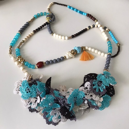 Blue Brown Crochet Choker, Crochet Collar, Boho Circle Necklace, Oya ...