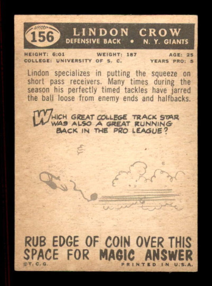 1959 Topps #156 Lindon Crow VG/VGEX NY Giants 550547 | eBay