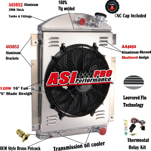 3 Row Aluminum Radiator Shroud Fan Fits 1937-38 Chevy Truck 3.5L V8 ...