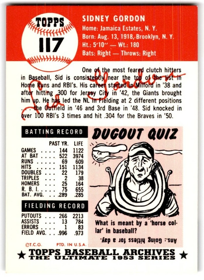1991 Topps Archives 1953 Sid Gordon Boston Braves #117 | eBay